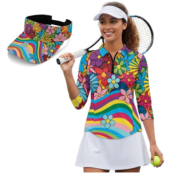 Aplkyhs Colorful Boho Flower Women's Golf Shirt and Sun Visor Hat Set ...