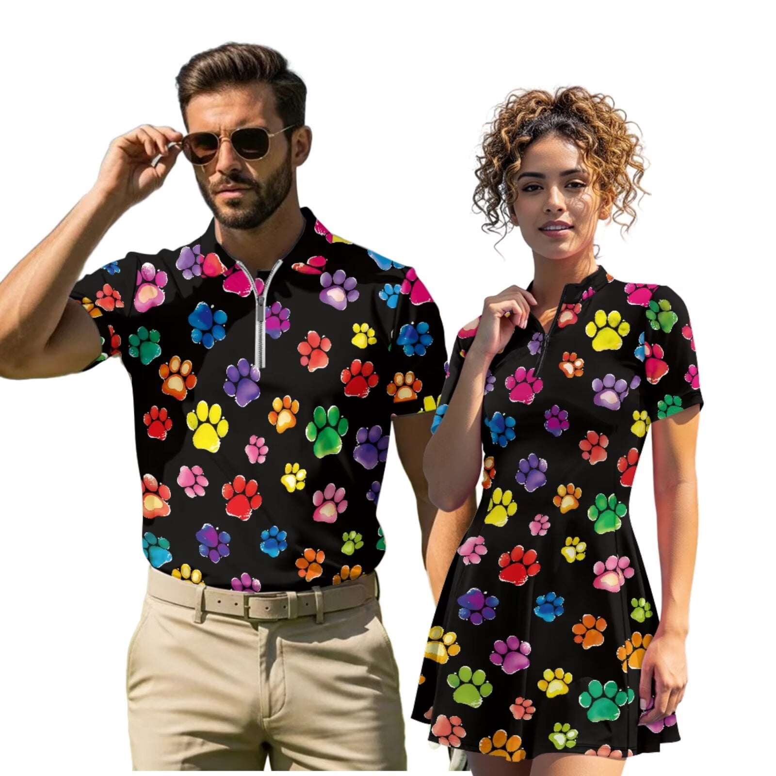 Aplkyhs Colorful Dog Paw Matching Couple Tennis Shirts Quarter Zip ...
