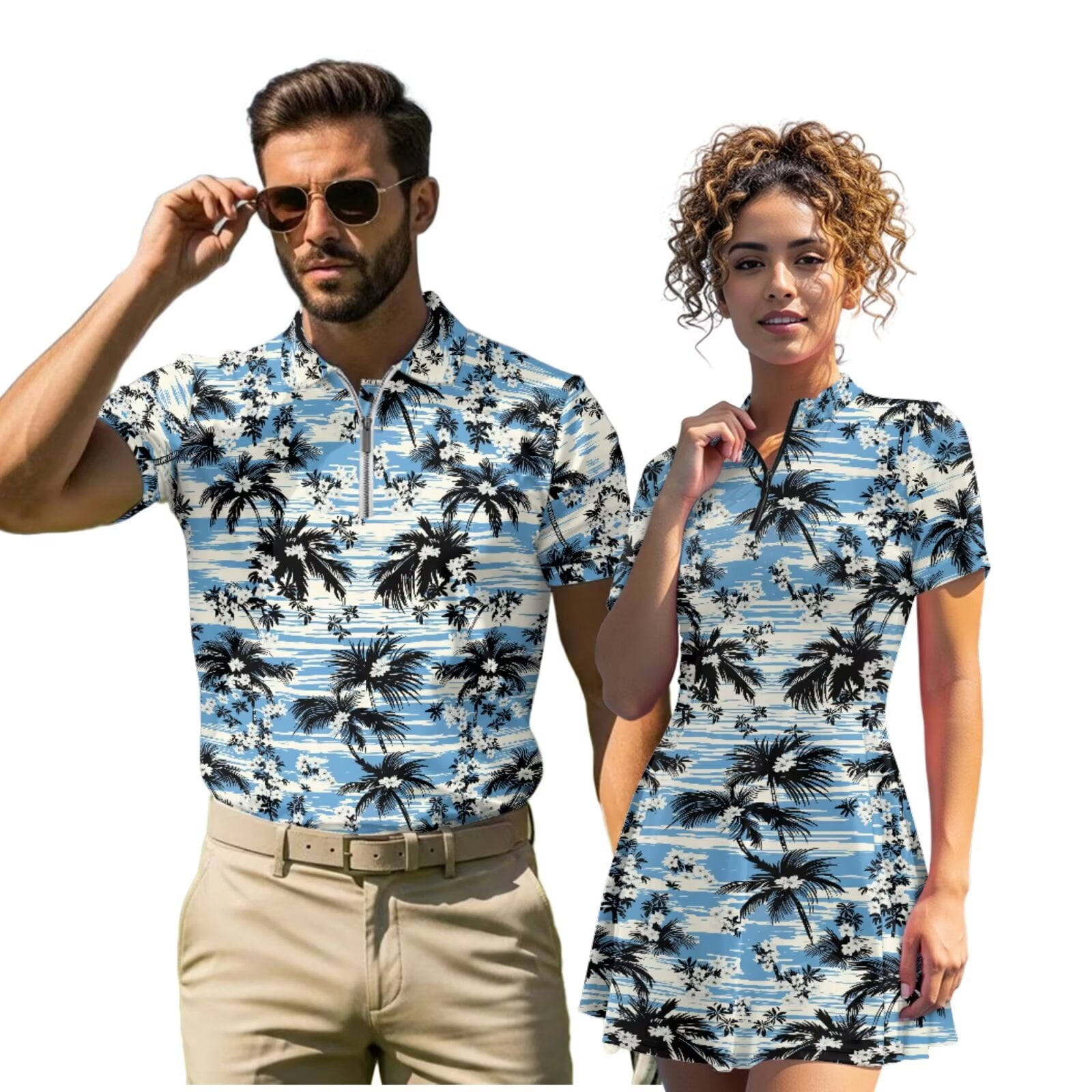 Aplkyhs Couple Golf Matching Outfits Blue Palm Tree Matching Couple ...