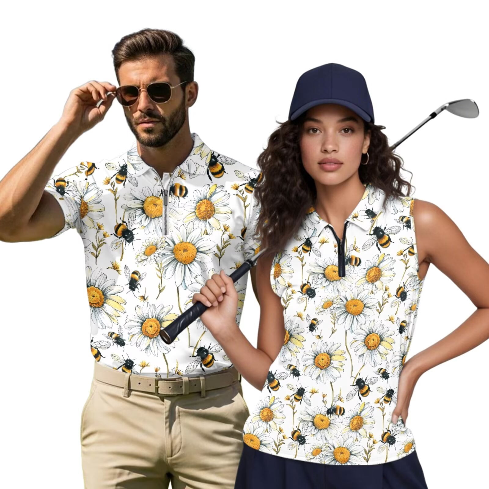 Aplkyhs Daisy Bee Matching Golf Shirts for Couple Quarter Zip Couple ...
