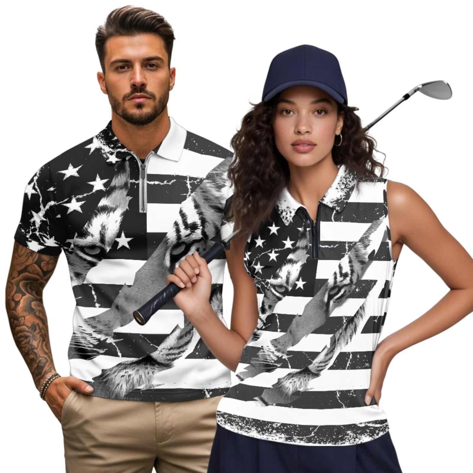 Aplkyhs Funny Couple Golf Shirts American Flag Tiger Couple Golf ...