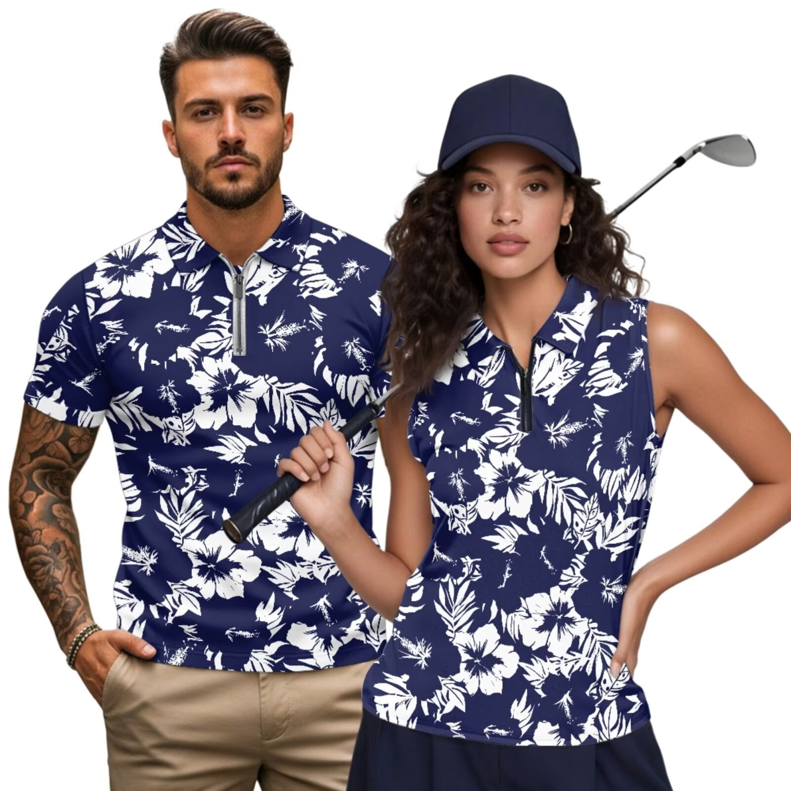 Aplkyhs Funny Couple Golf Shirts Blue Tropical Flowers Quick Dry Couple ...