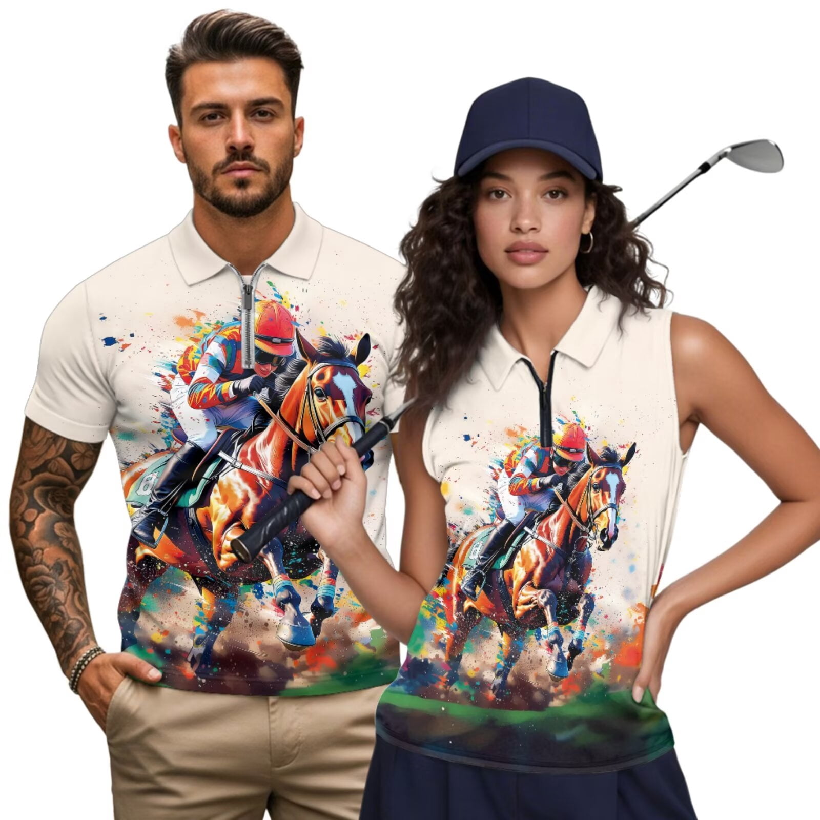 Aplkyhs Funny Couple Golf Shirts Quick Dry Tie Dye Horse Racing Rose ...