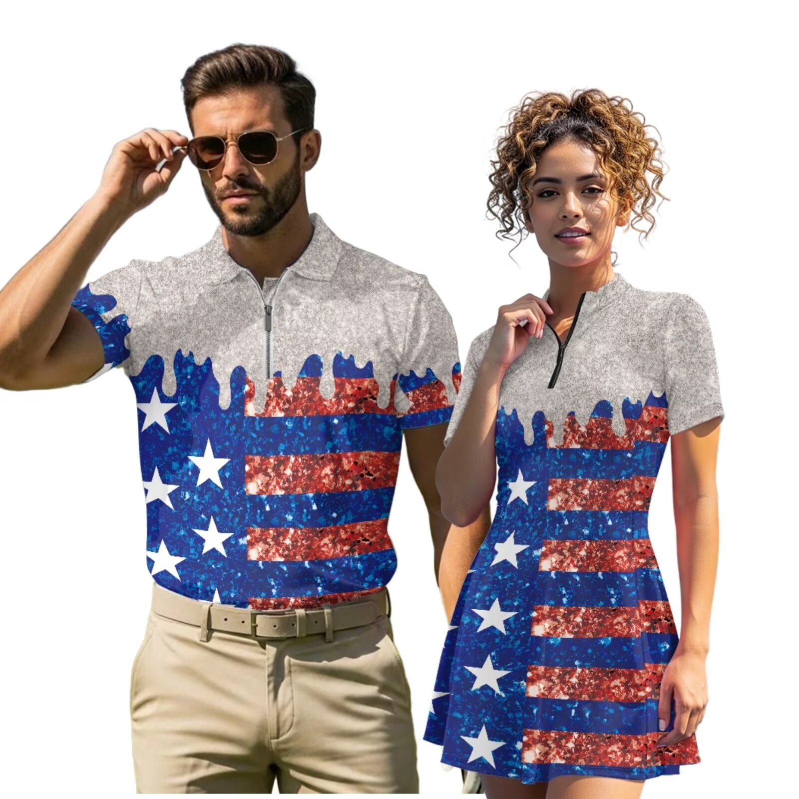 Aplkyhs Funny Matching Golf Shirts for Couple Glitter American Flag His ...