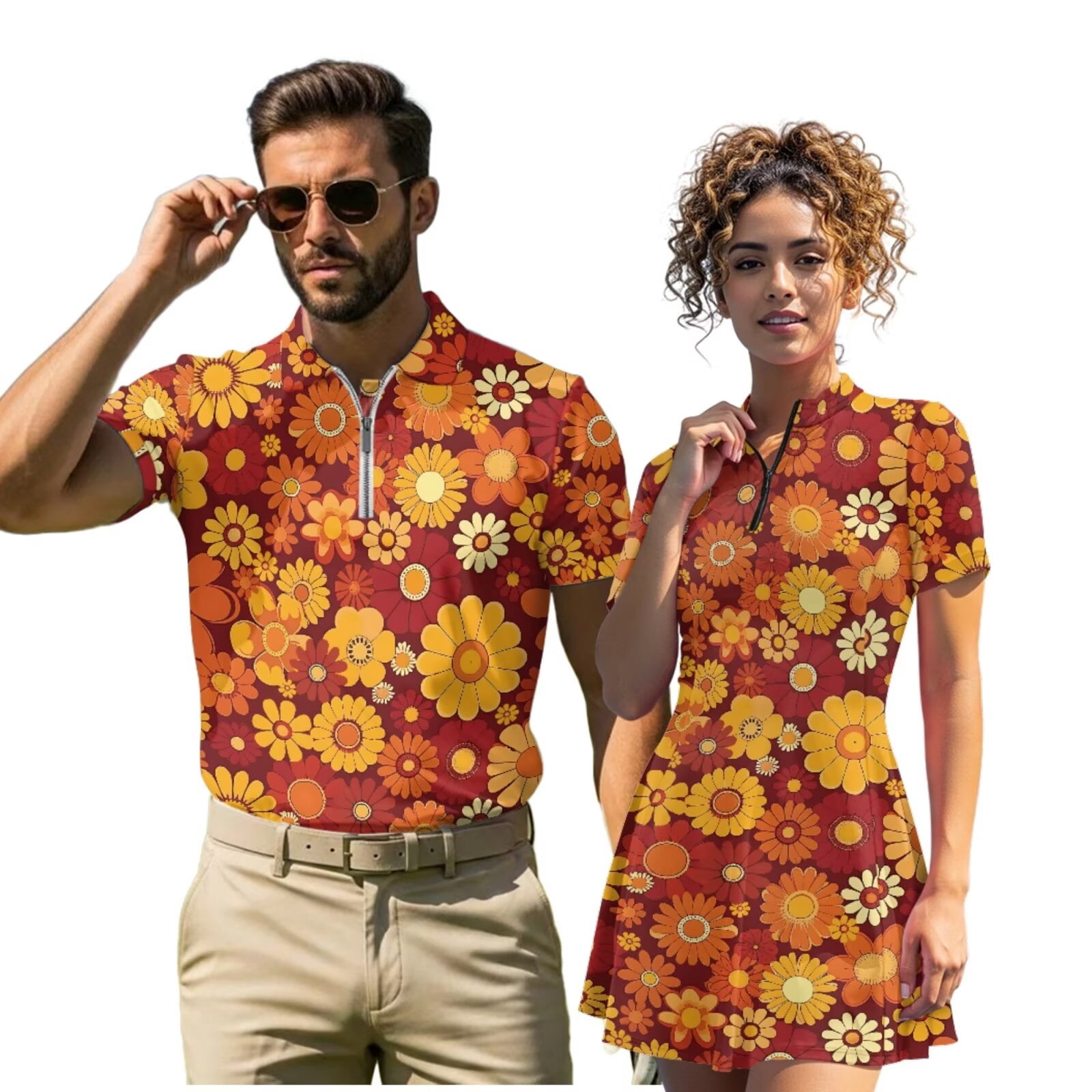 Aplkyhs His and Hers Golf Shirts Matching Orange Retro Floral 4-Way ...