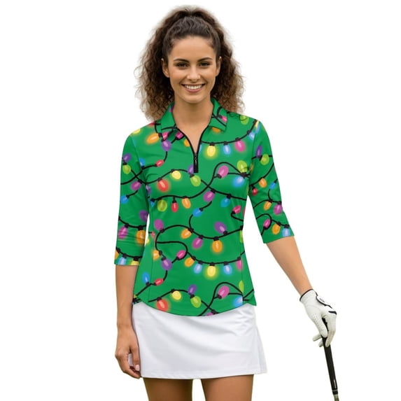 Aplkyhs Green Christmas Lights Golf Shirts for Women 3/4 Sleeve Golf ...
