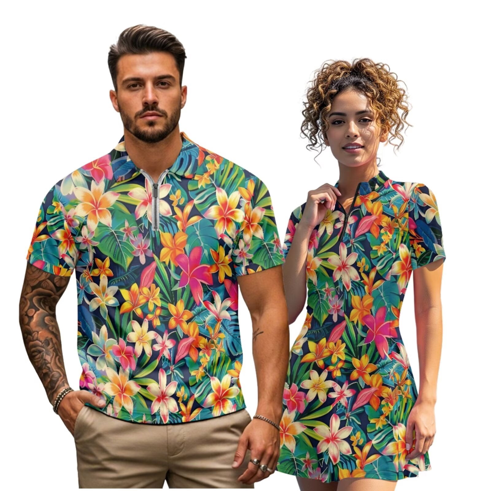 Aplkyhs Hawaiian Flowers Matching Golf Shirts for Couple Moisture ...