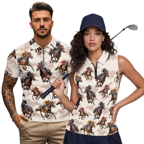 Aplkyhs Horse Racing Matching Couple Golf Shirts Moisture Wicking Funny ...