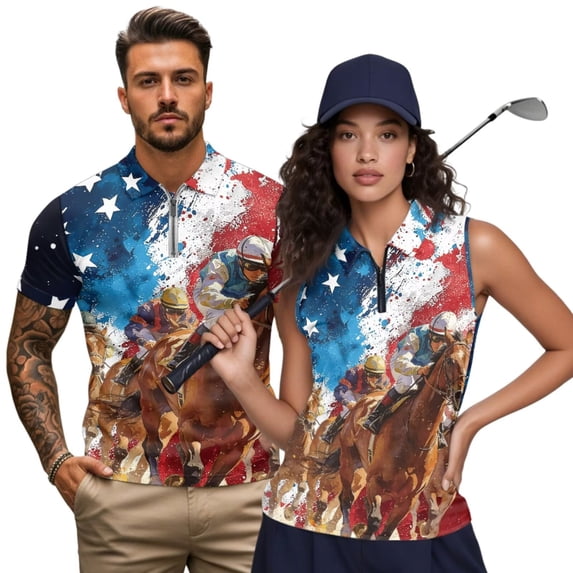 Aplkyhs Horse Racing Matching Golf Shirts for Couple Moisture Wicking ...