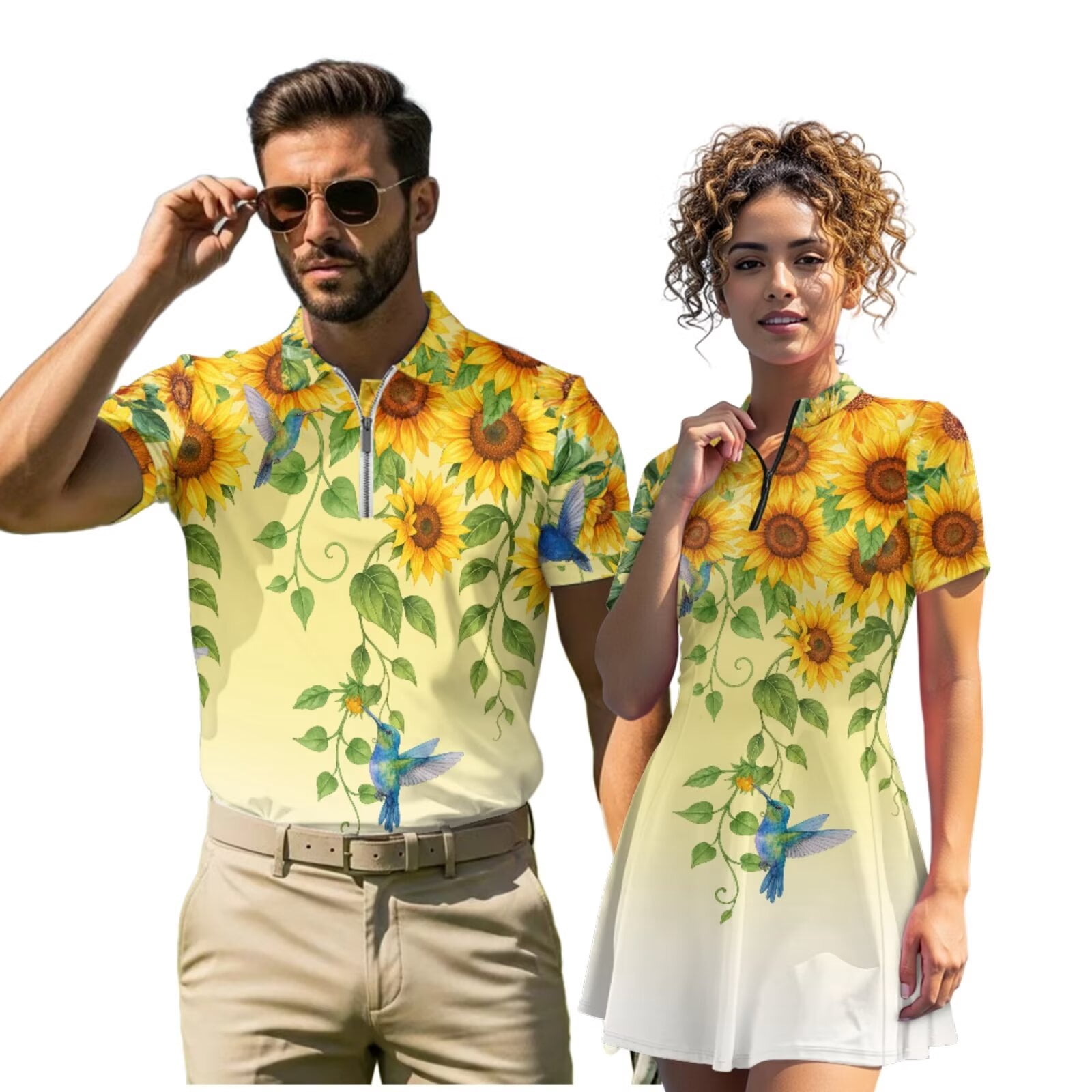 Aplkyhs Hummingbird Sunflower Matching Golf Shirts for Couple Quarter ...