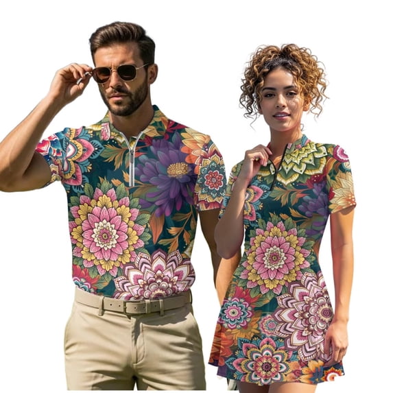 Aplkyhs Mandala Floral Matching Golf Shirts for Couple Matching Couple ...