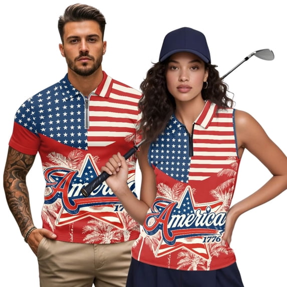 Aplkyhs Matching Couple Golf Shirts America 1776 Patriotic Moisture ...