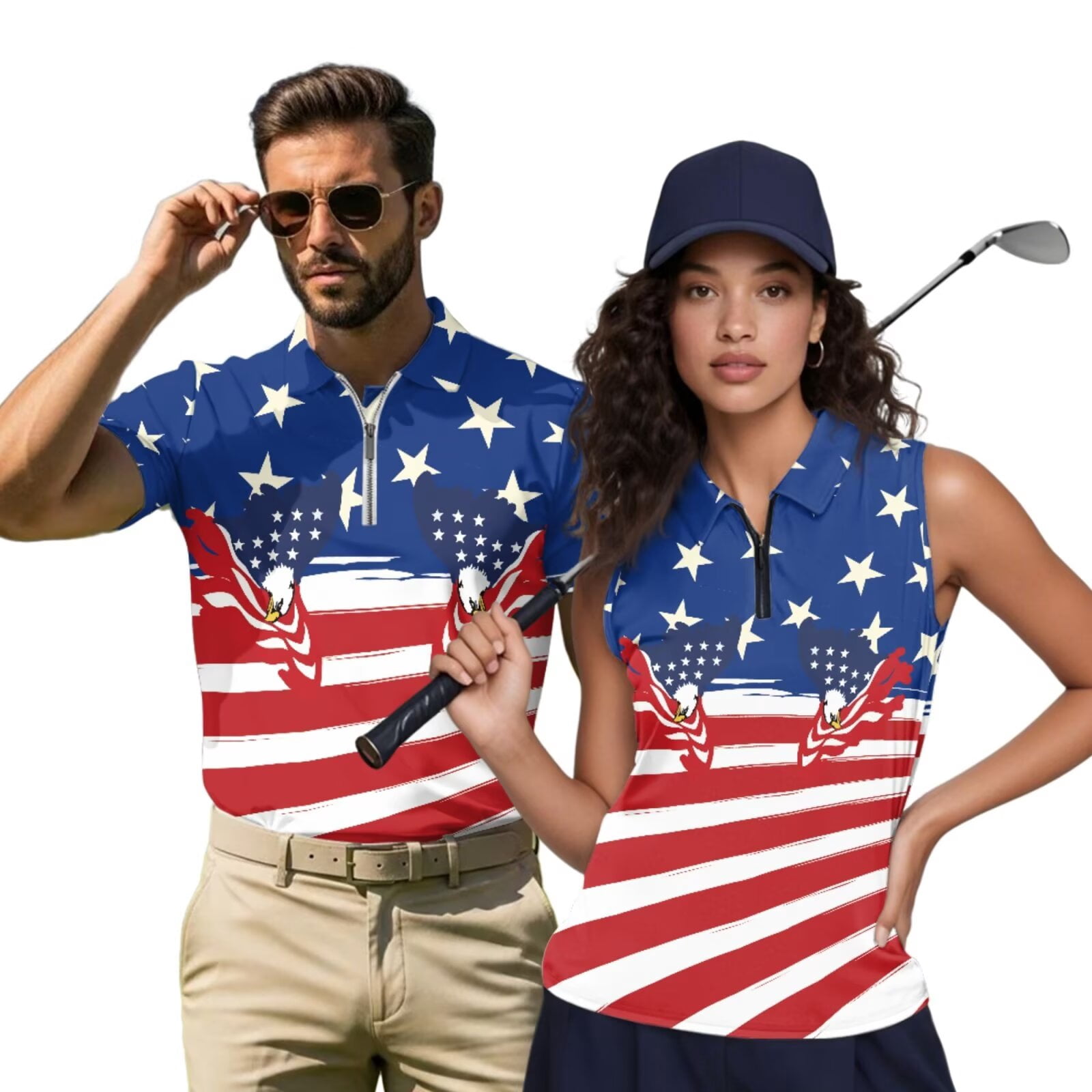 Aplkyhs Matching Couple Golf Shirts American Flag Bald Eagle Men Women ...