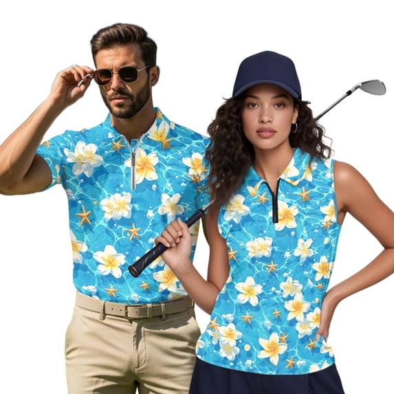 Aplkyhs Matching Couple Golf Shirts Tropical Plumeria Starfish Mens ...