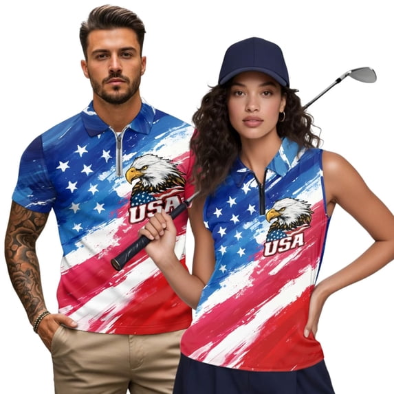 Aplkyhs Matching Couple Golf Shirts USA Eagle Patriotic Star Men Women ...