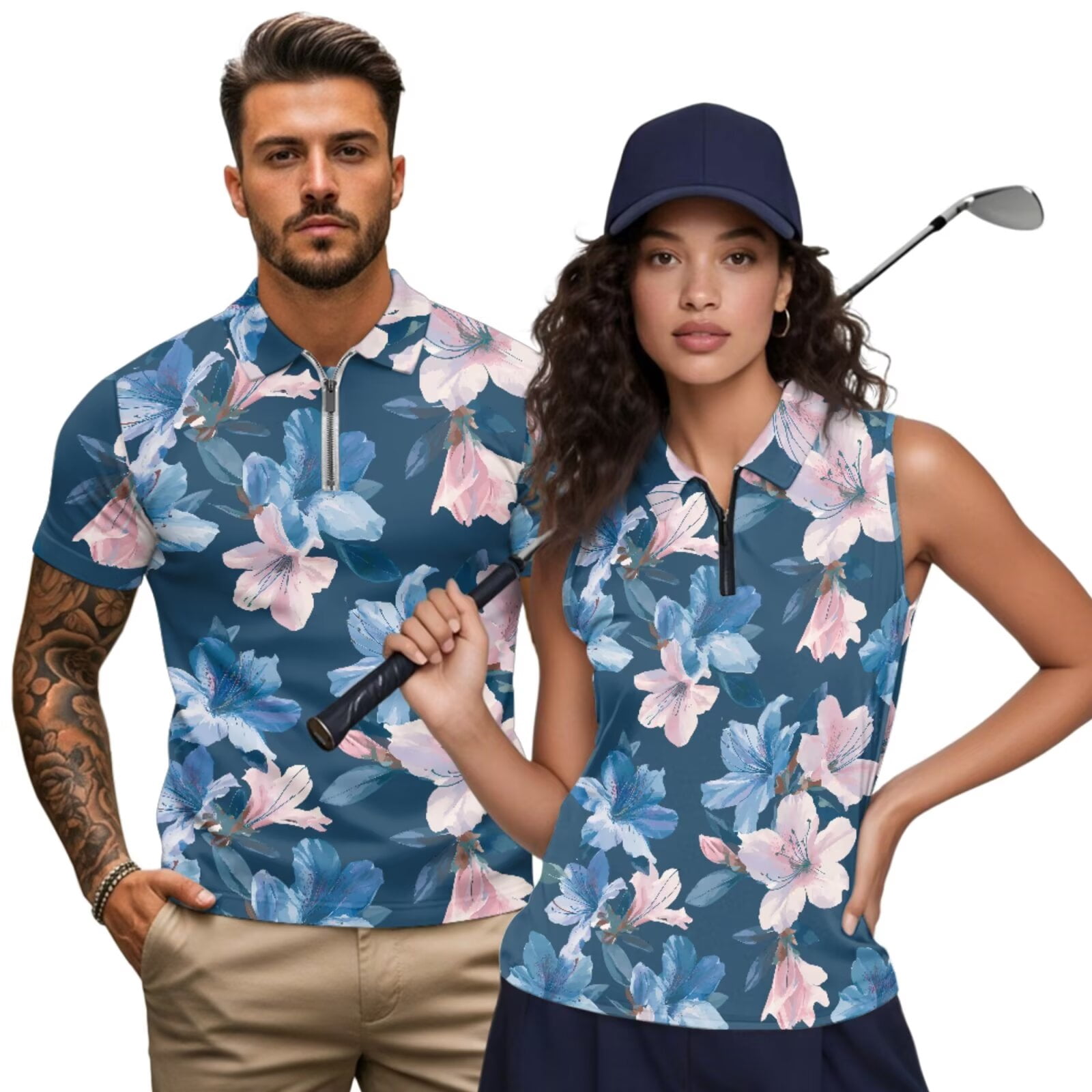 Aplkyhs Matching Couple Golf Shirts Watercolor Floral Quarter Zip Men's ...