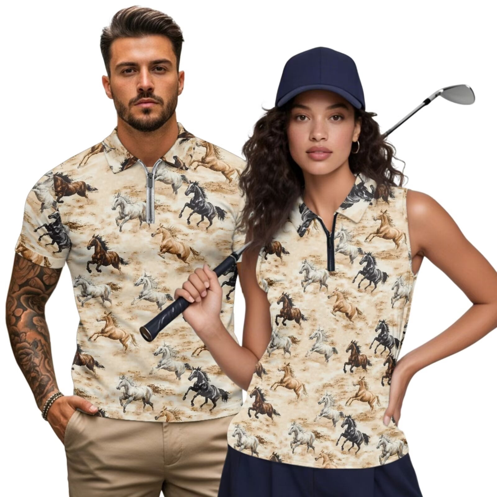 Aplkyhs Matching Couple Golf Shirts Western Horse Machine Washable ...