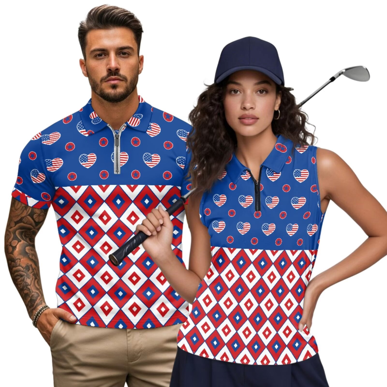 Aplkyhs Matching Couple Sport Shirts American Flag Heart Argyle ...
