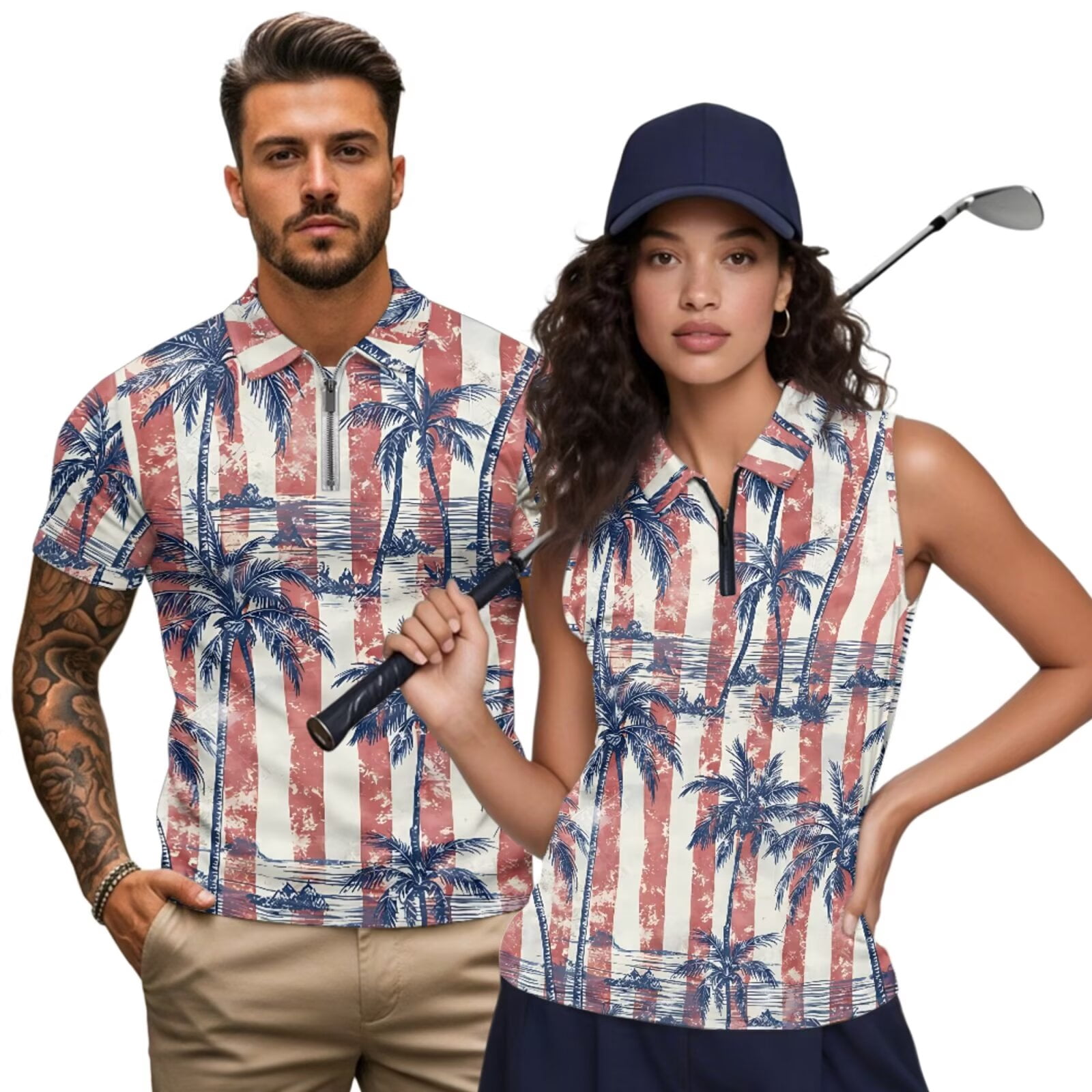 Aplkyhs Matching Couple Sport Shirts American Flag Palm Tree Quarter ...