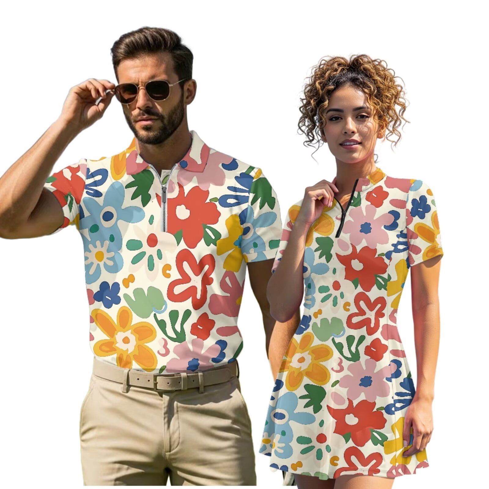Aplkyhs Matching Couple Sport Shirts Cartoon Flowers Matching Golf ...