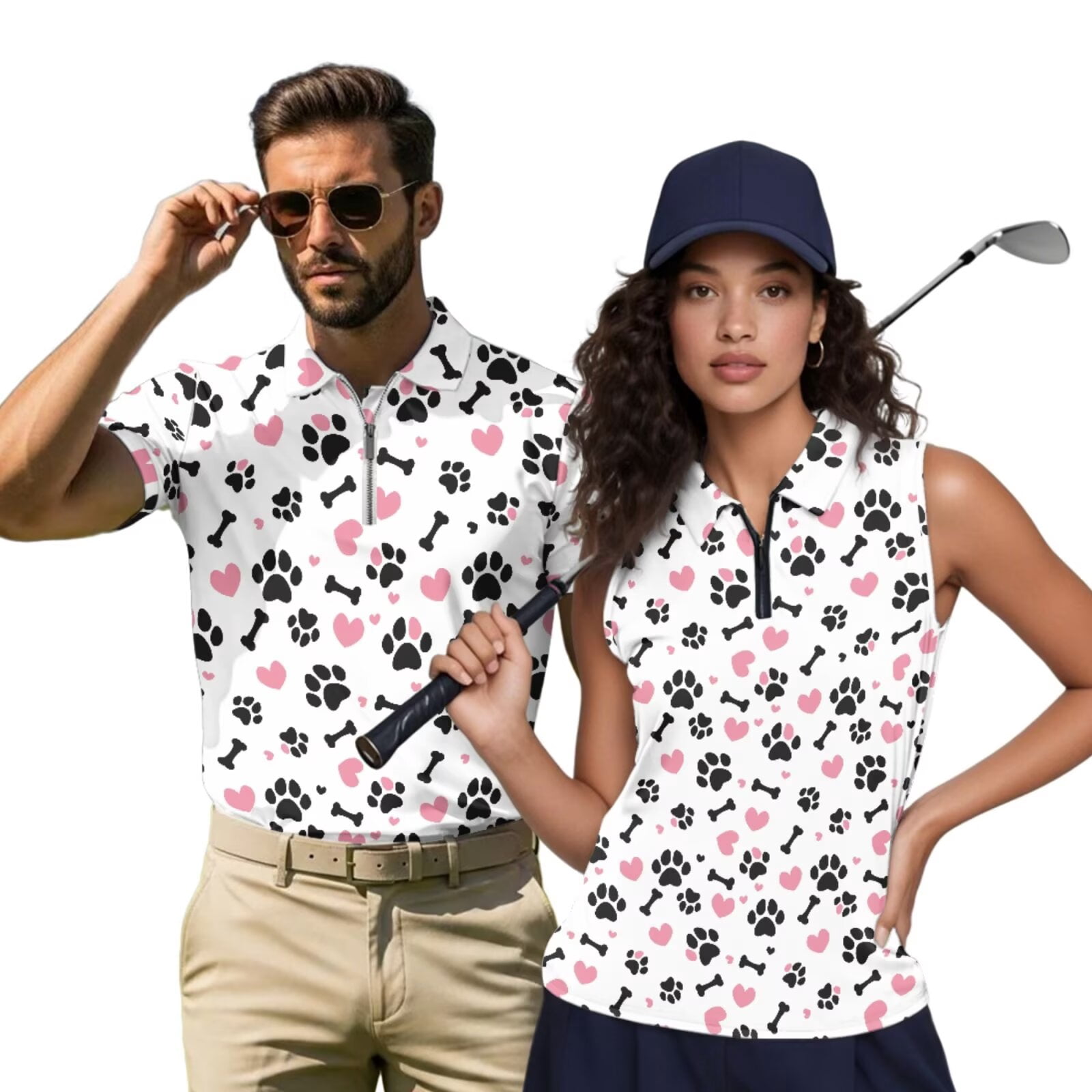 Aplkyhs Matching Couple Sport Shirts Heart Dog Paw Quarter Zip Golf ...