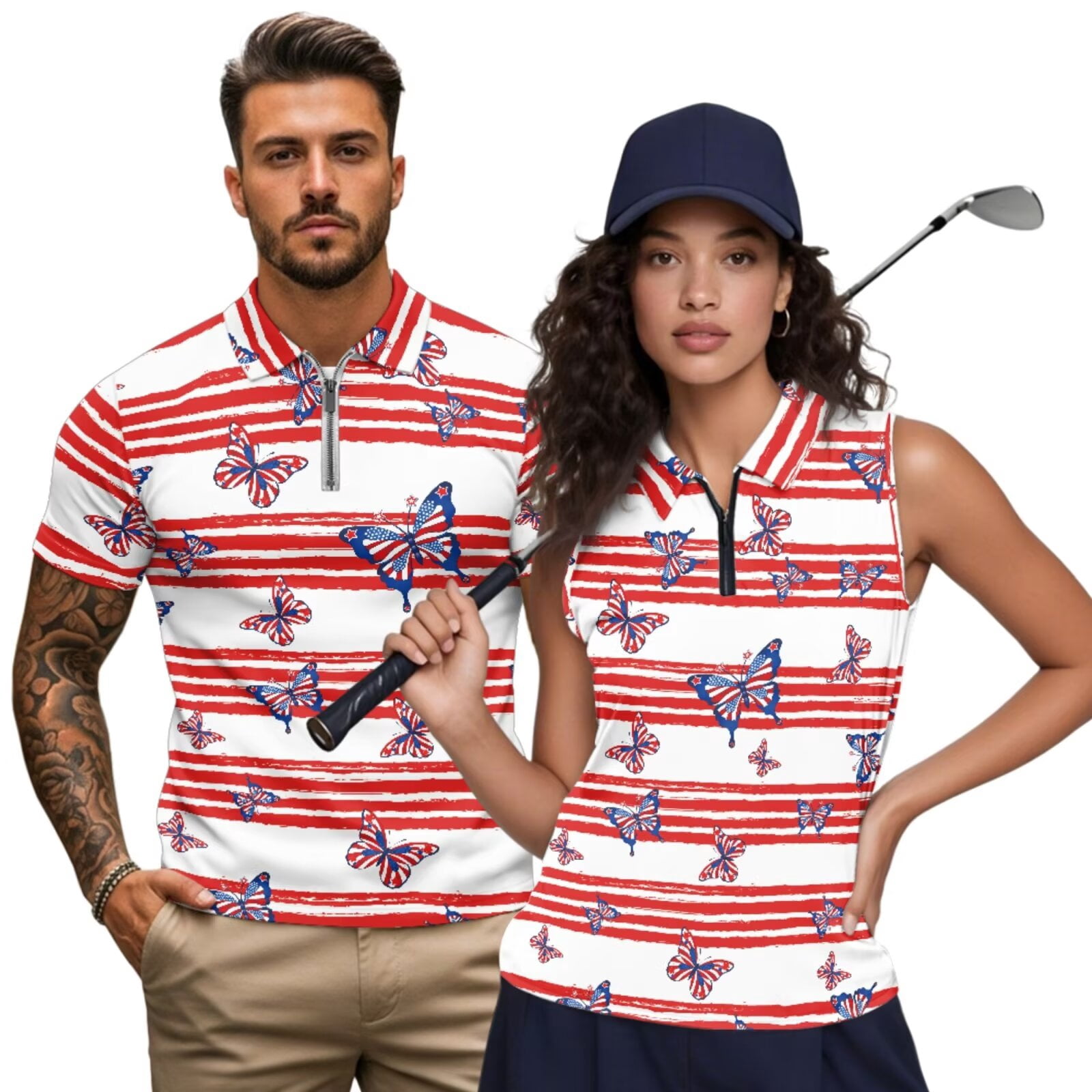 Aplkyhs Matching Golf Shirts for Couple American Flag Butterfly Quarter ...