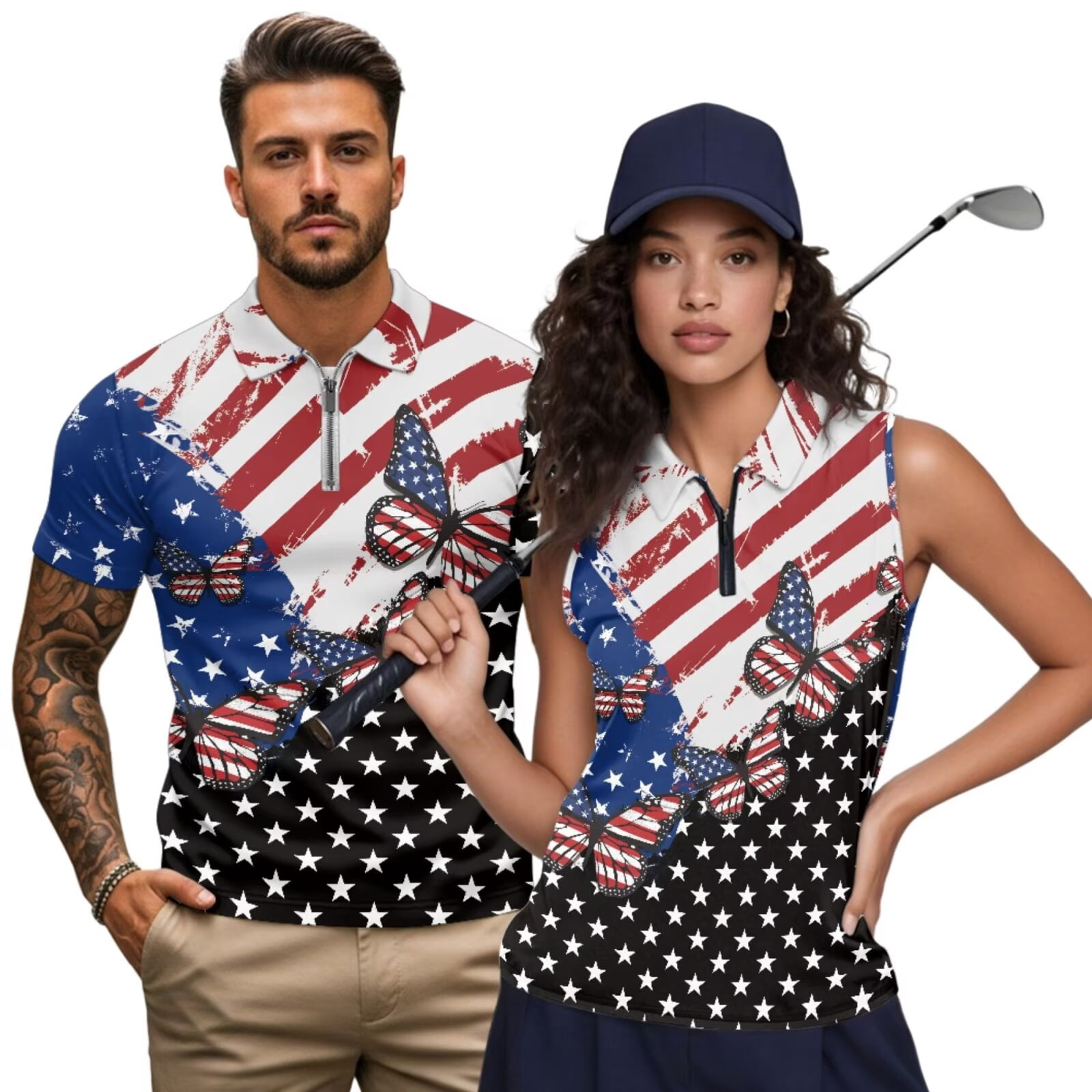 Aplkyhs Matching Golf Shirts for Couple American Flag Butterfly ...