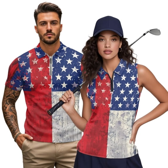 Aplkyhs Matching Golf Shirts for Couple American Flag Star Quarter Zip ...
