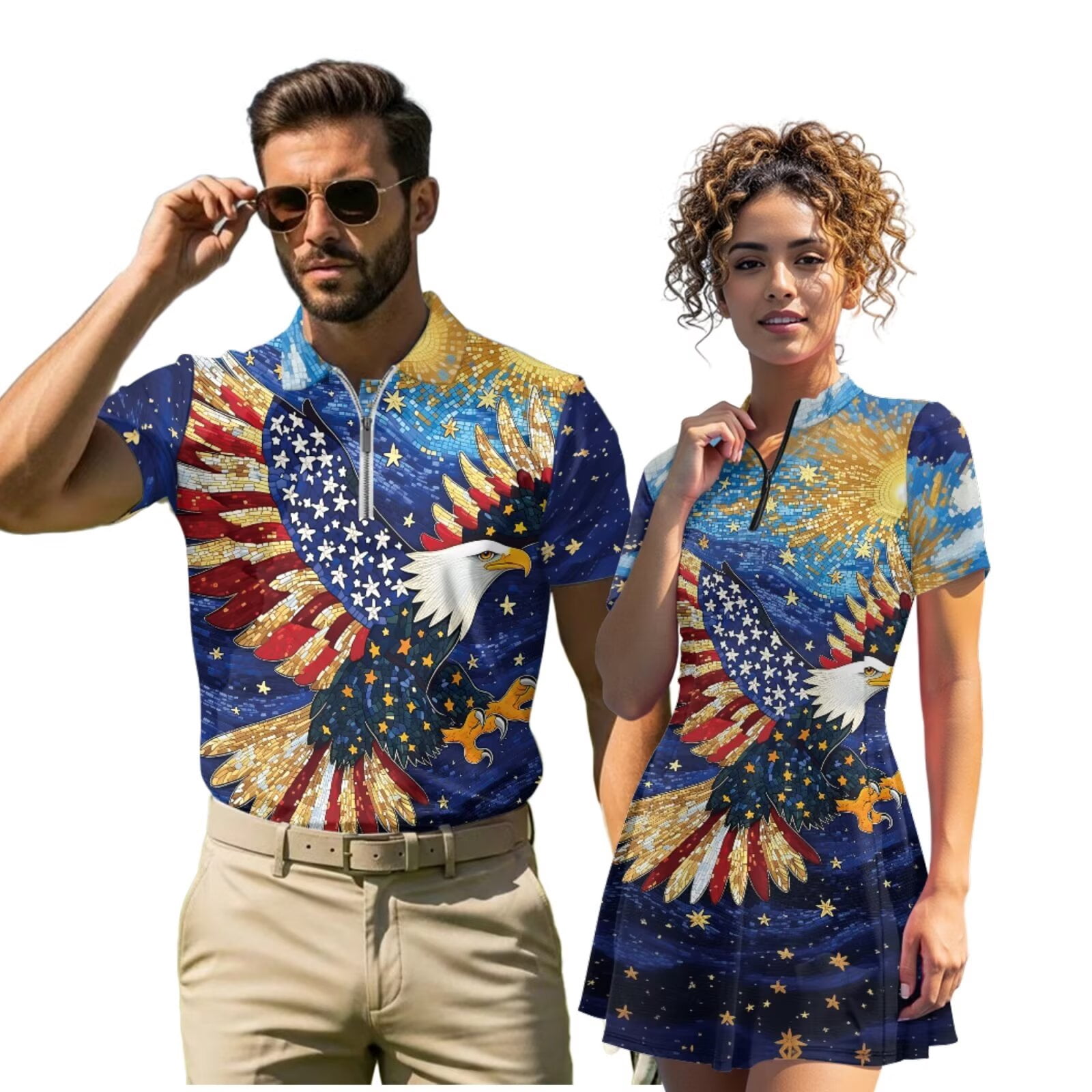 Aplkyhs Matching Golf Shirts for Couple Bald Eagle American Flag 4-Way ...