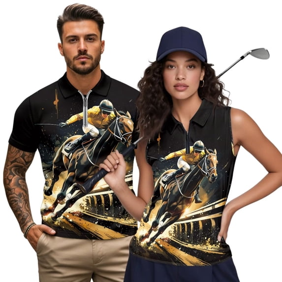 Aplkyhs Matching Golf Shirts for Couple Black Horse Racing Breathable ...