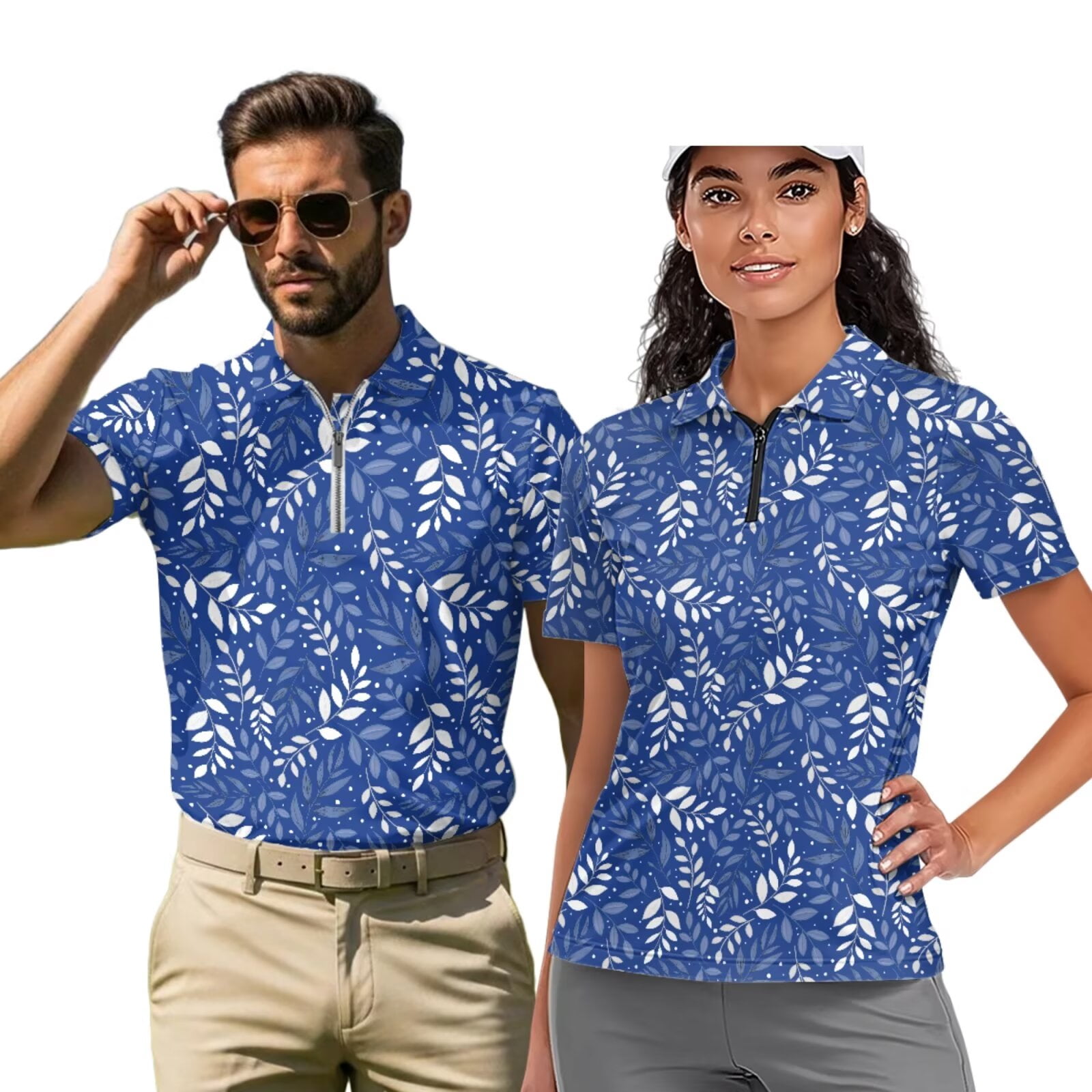 Aplkyhs Matching Golf Shirts for Couple Blue Leaf Floral Moisture ...