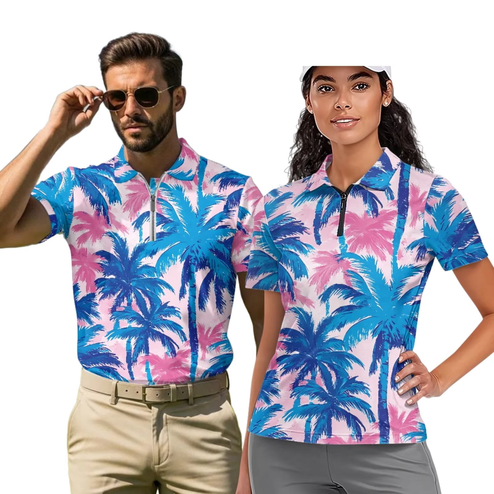 Aplkyhs Matching Golf Shirts for Couple Blue Palm Tree Quarter Zip Men ...
