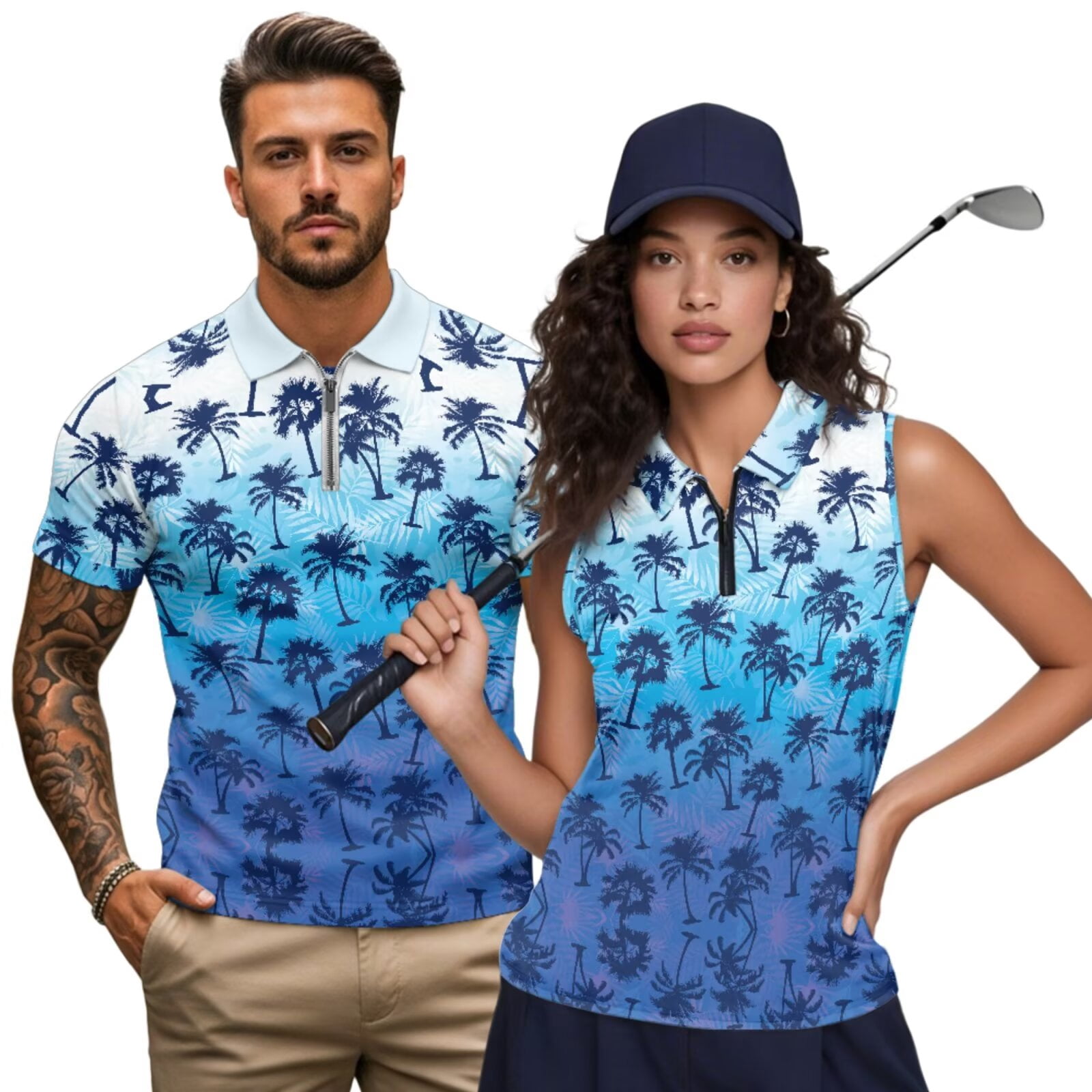 Aplkyhs Matching Golf Shirts for Couple Blue Palm Tree Quarter Zip ...