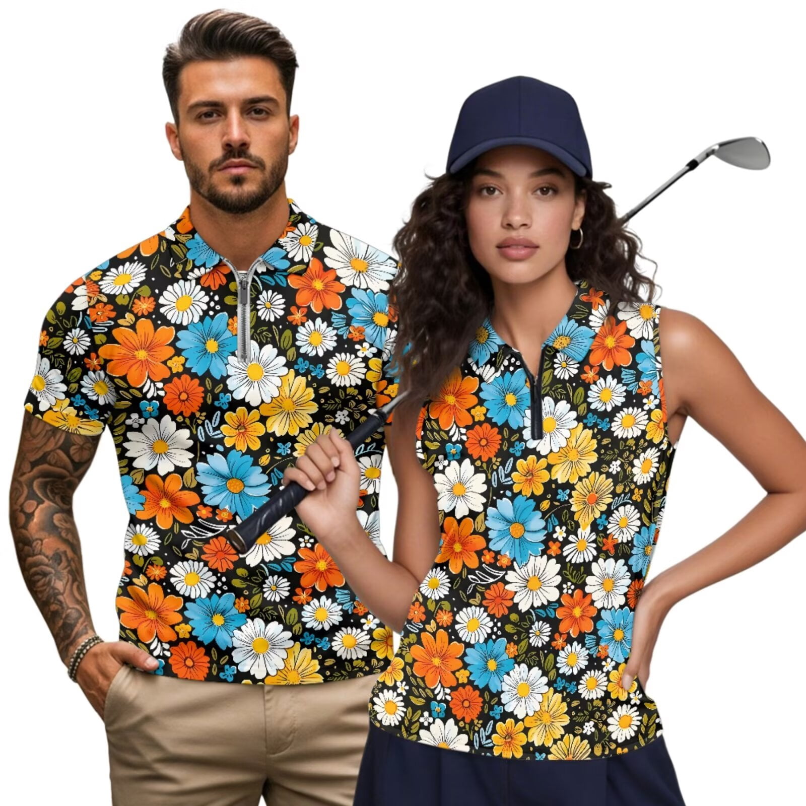 Aplkyhs Matching Golf Shirts for Couple Colorful Daisy Quarter Zip ...