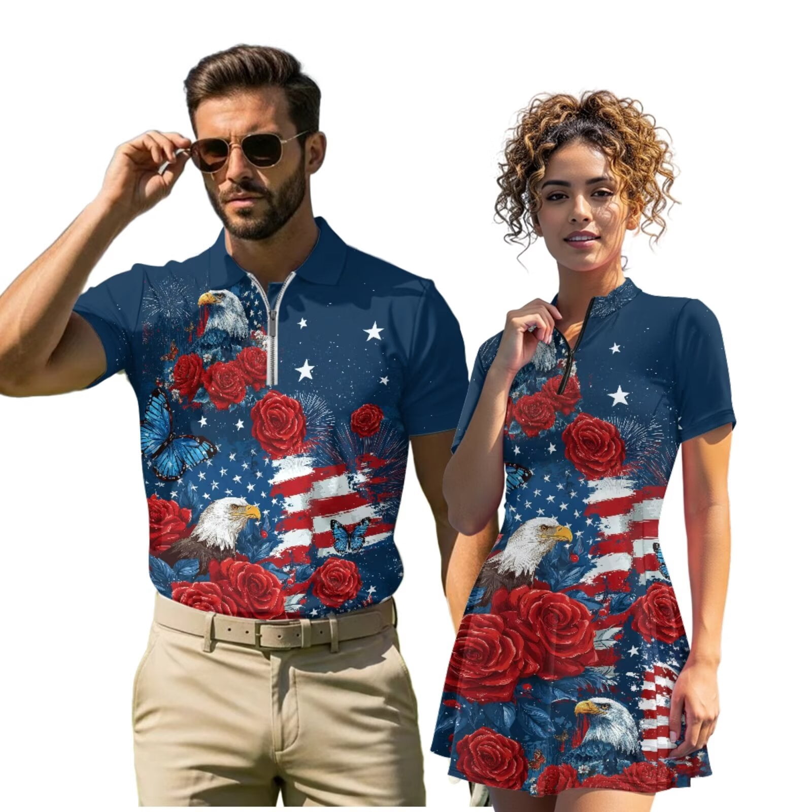 Aplkyhs Matching Golf Shirts for Couple Eagle Rose USA Flag Quarter Zip ...