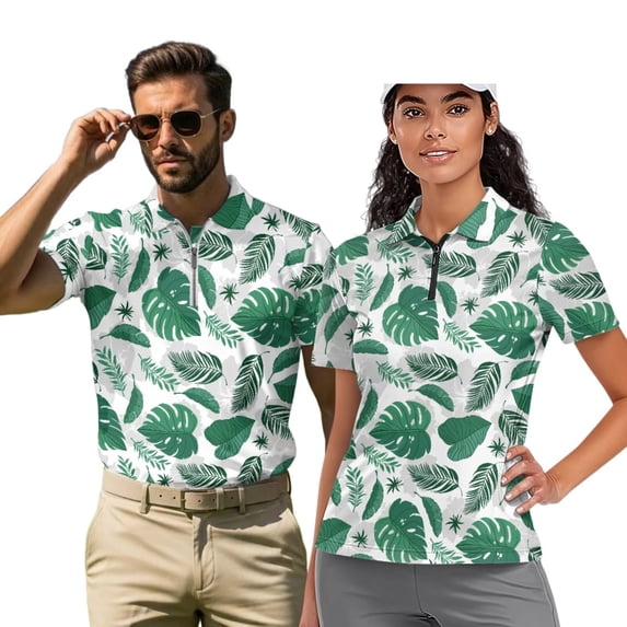 Aplkyhs Matching Golf Shirts for Couple Green Palm Leaf Moisture ...