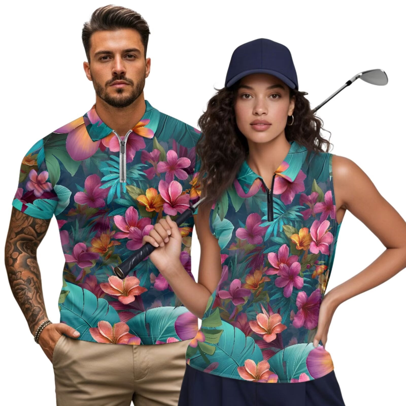 Aplkyhs Matching Golf Shirts for Couple Hawaiian Flowers Moisture ...