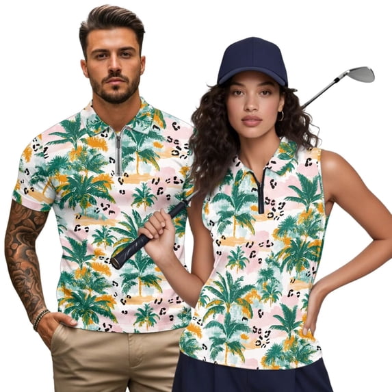 Aplkyhs Matching Golf Shirts for Couple Hawaiian Flowers Quarter Zip ...