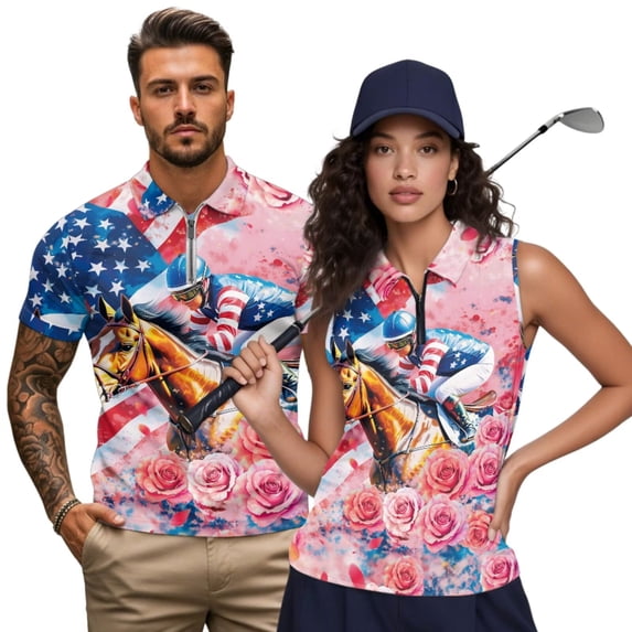 Aplkyhs Matching Golf Shirts for Couple Horse Racing USA Quarter Zip ...