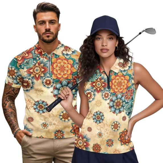 Aplkyhs Matching Golf Shirts for Couple Mandala Flower Breathable ...