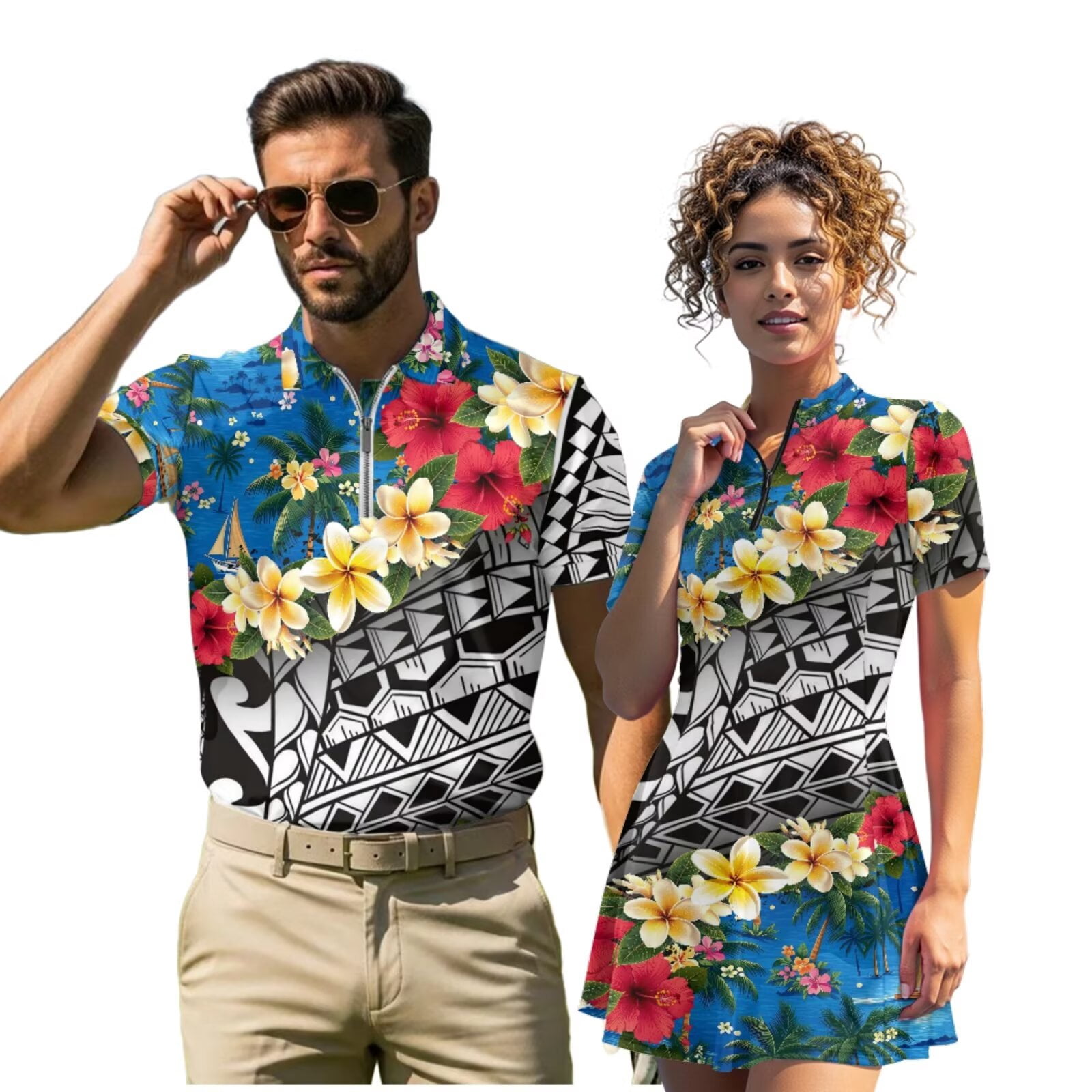 Aplkyhs Matching Golf Shirts for Couple Polynesian Tribal Floral ...