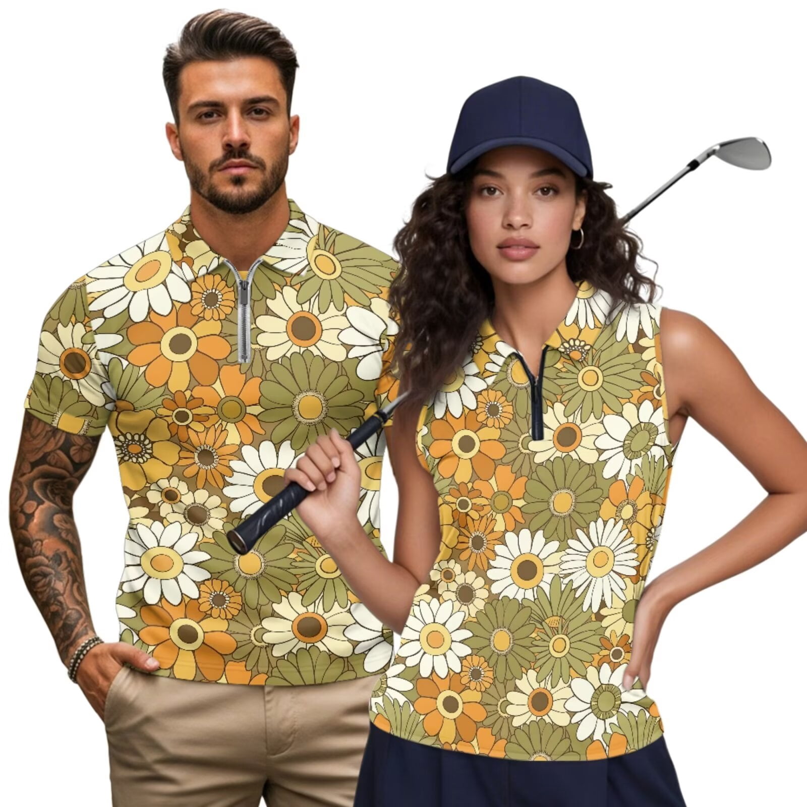Aplkyhs Matching Golf Shirts for Couple Retro Daisy Floral Moisture ...