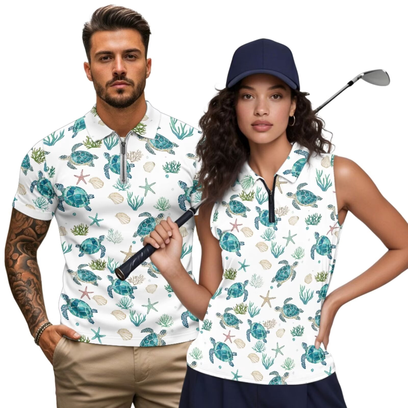 Aplkyhs Matching Golf Shirts for Couple Sea Turtle Starfish Lightweight ...