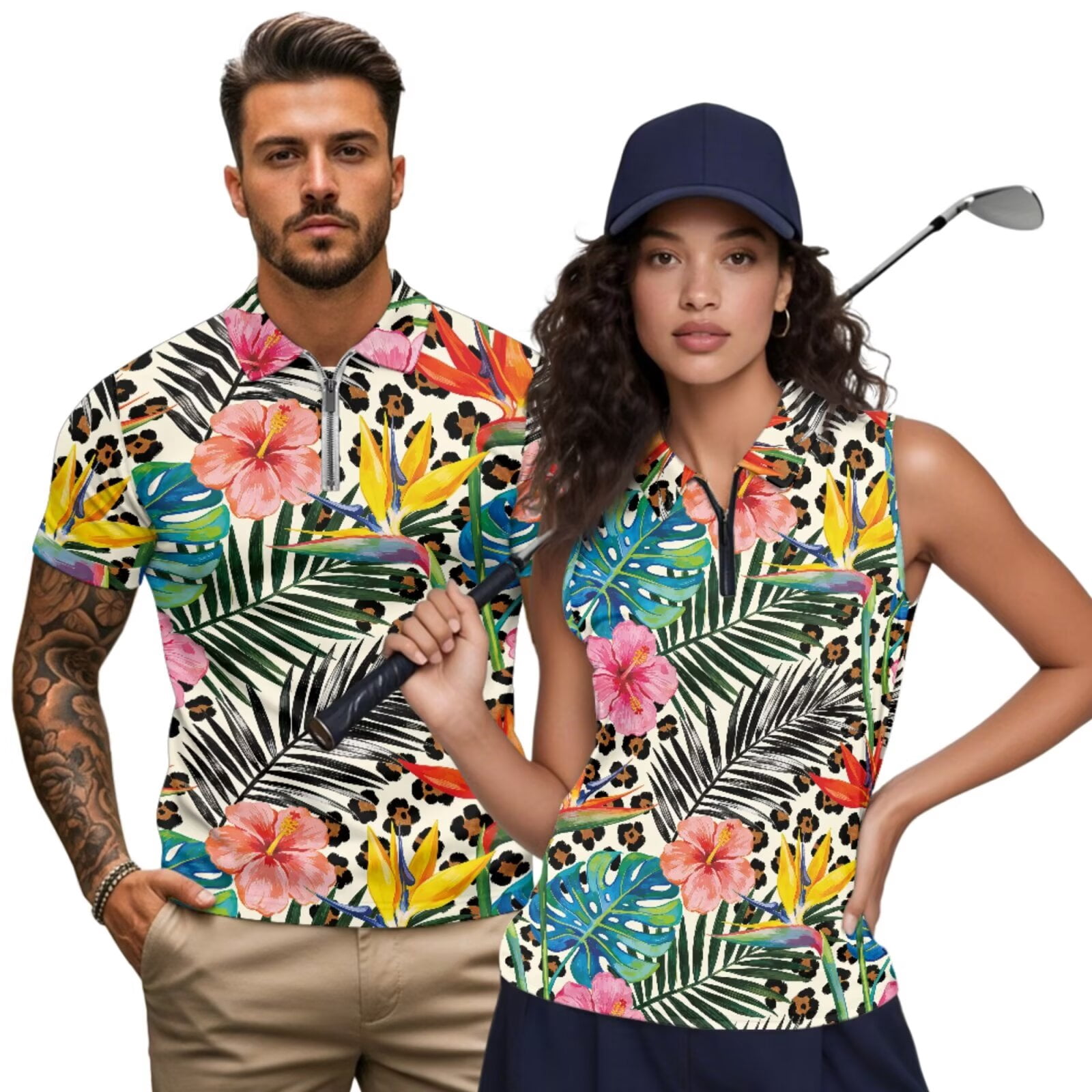 Aplkyhs Matching Golf Shirts for Couple Tropical Floral Leopard Quick ...