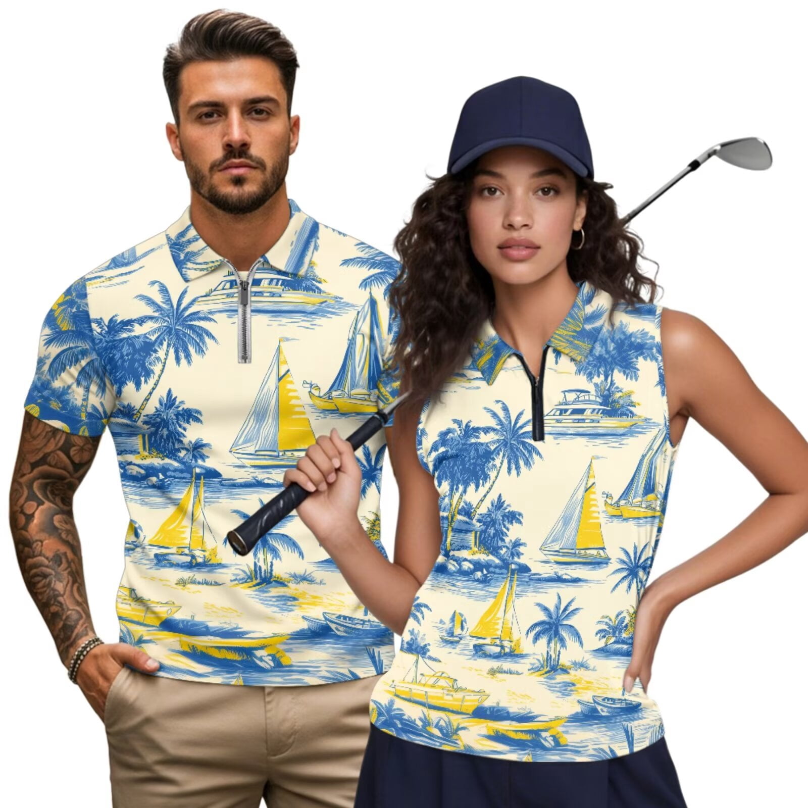 Aplkyhs Matching Golf Shirts for Couple Tropical Nautical Quarter Zip ...