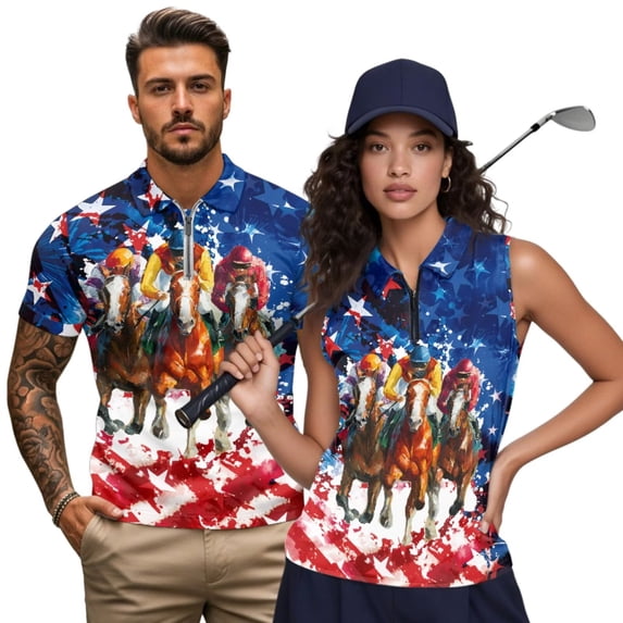 Aplkyhs Matching Golf Shirts for Couple USA Flag Horse Racing Racerback ...