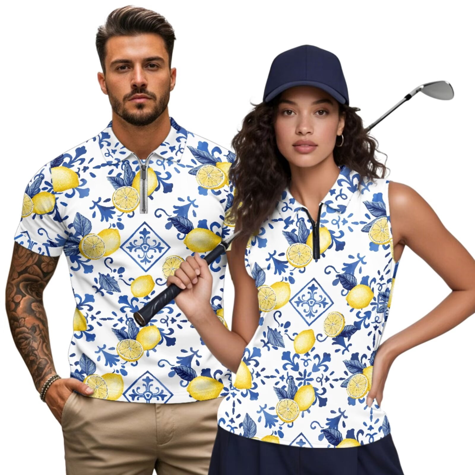 Aplkyhs Matching Golf Shirts for Couple Vintage Lemon Floral Quarter ...