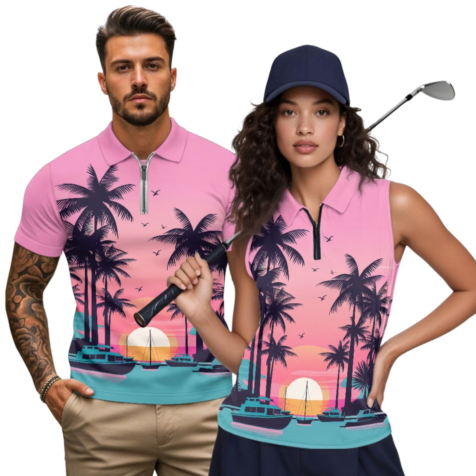 Aplkyhs Palm Tree Sunset Matching Couple Sport Shirts Quarter Zip Golf ...