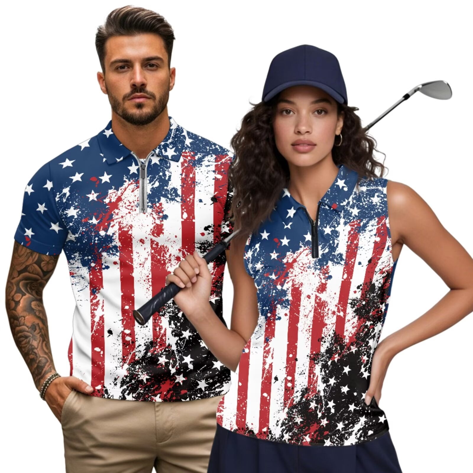 Aplkyhs Patriotic Matching Golf Shirts for Couple Moisture Wicking Golf ...