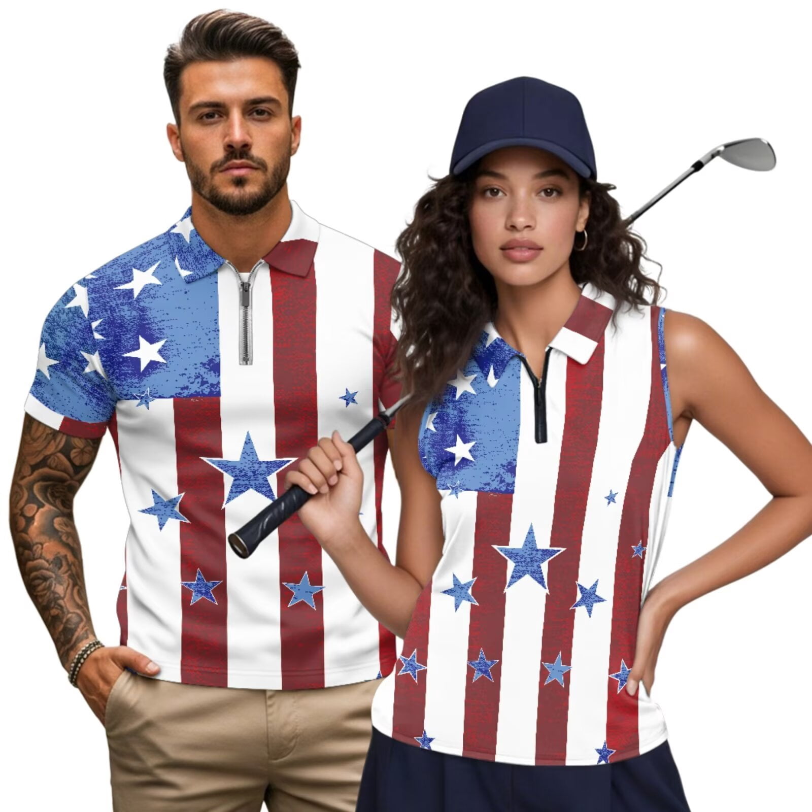 Aplkyhs Patriotic Star Couple Golf Shirts Quarter Zip Mens Hawaiian ...